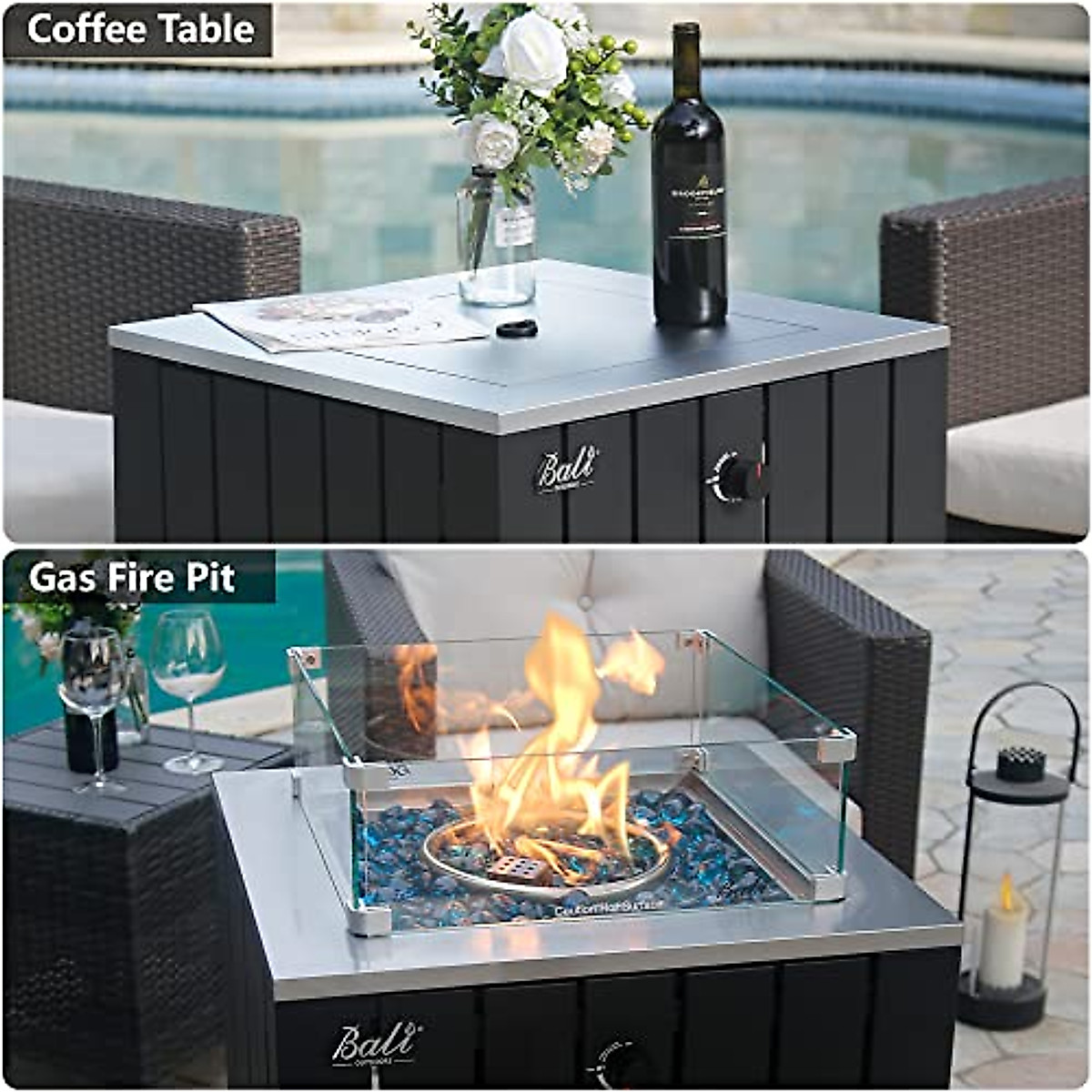 BALI OUTDOORS Gas Firepit Table 41,000 BTU, Square Propane Fire Pit with Stainless Steel Table Top Glass Wind Guard Blue Fire Stone, 23.6 Inch Outdoor Furniture Table for Backyard Patio Garden