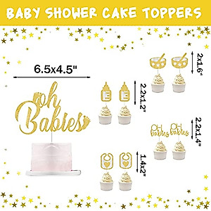 110 PCs Twins Baby Shower Decorations, Fiesec Oh Babies Foil Confetti Balloon Artificial Leaves Double the Love Glitter Banner Hanging Swirl Cake Cupcake Topper Gold White Green