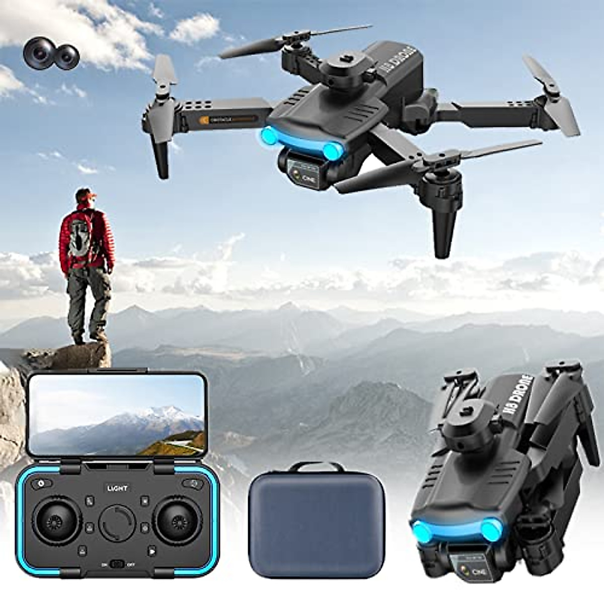 Drone with HD Dual Camera, Foldable Drone Remote Control Quadcopter Toys for Adult Kids, Intelligent Obstacle Avoidance UAV, Wifi Fpv, Altitude Hold One Key Start with Storage Bag