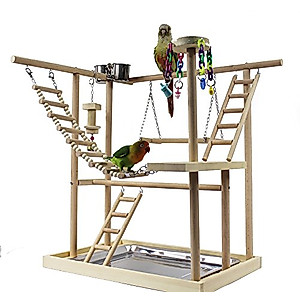 QBLEEV Wood Parrot Playground Perches with Swing,Birds Chewing Climbing Ladder Toys, Bird Training Play Stands Feer Cups for Parakeets Conures Cockatiel Lovebirds (18.7" L *12.8" W *20.87" H)
