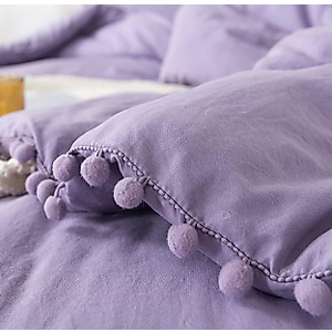 TanNicoor Pom Fringe Duvet Cover Set - 3 Piece Natural Ultra SOFE Color Washed Microfiber Bedding Set, Modern Style Down Comforter Quilt Cover with Zipper Closure(Queen, Lavender Purple)