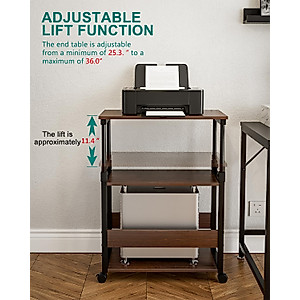 Computer Tower Stand with Wheels, Height Adjustable PC Tower Stand Under Desk, 3 Shelves Rolling Printer Cart for Home Office, Walnut