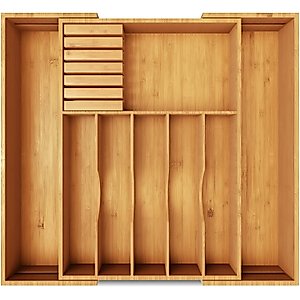 Premium Expandable Kitchen Drawer Organizer - 100% Bamboo Organizer Tray - Great for Silverware, Large Utensils, Flatware, Cutlery - 8 Compartments with Knife Block - Perfectly Fits Your Drawers