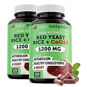 Red Yeast Rice 1200 mg Capsules with CoQ10 - Maintain Healthy Cholesterol Levels, Herbal Heart Health Vegan Red Yeast Rice Supplement - Red Rice Yeast with CoQ10 for Women & Men - 120 Ct (2-Pack)