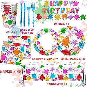 Paint Party Decorations 142Pcs Paint Splatter Party Supplies Tableware Set, Art Party Decorations Plates,Napkins,Cups,Tablecloth for Art Painting Party Supplies Birthday Baby Shower Decorations