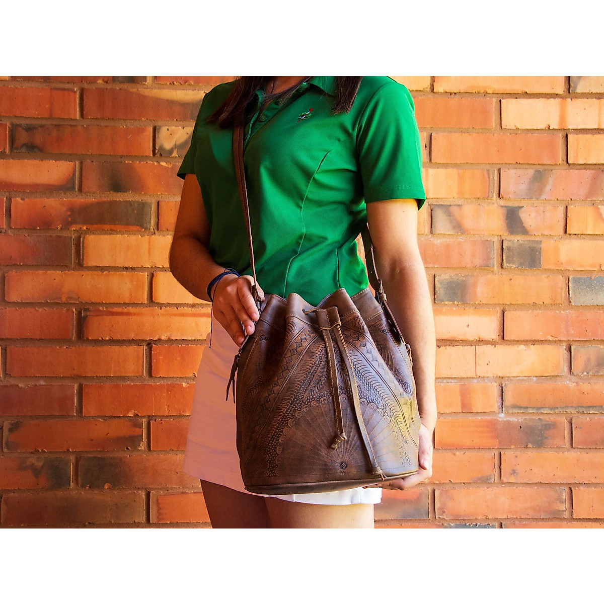 Womens Drawstring Bucket Bag, Genuine Leather Crossbody Bag, Hand tooled, Dark Brown, Handmade Leather Purse