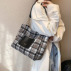 RTGGSEL Plaid Striped Woolen Cloth Shoulder Handbags for Women Tote Purse Ladies Designer Satchel Hobo Bag with Chain Strap Gift (Grey)