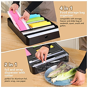 CiWiVOKi Storage Bag Organizer for Drawer, 6 in 1 Foil and Plastic Wrap Dispenser with Cutter, Plastic Kitchen Organizers and Storage for Sandwich Snack Gallon Quart Bags and 12" Aluminum Foil, Black