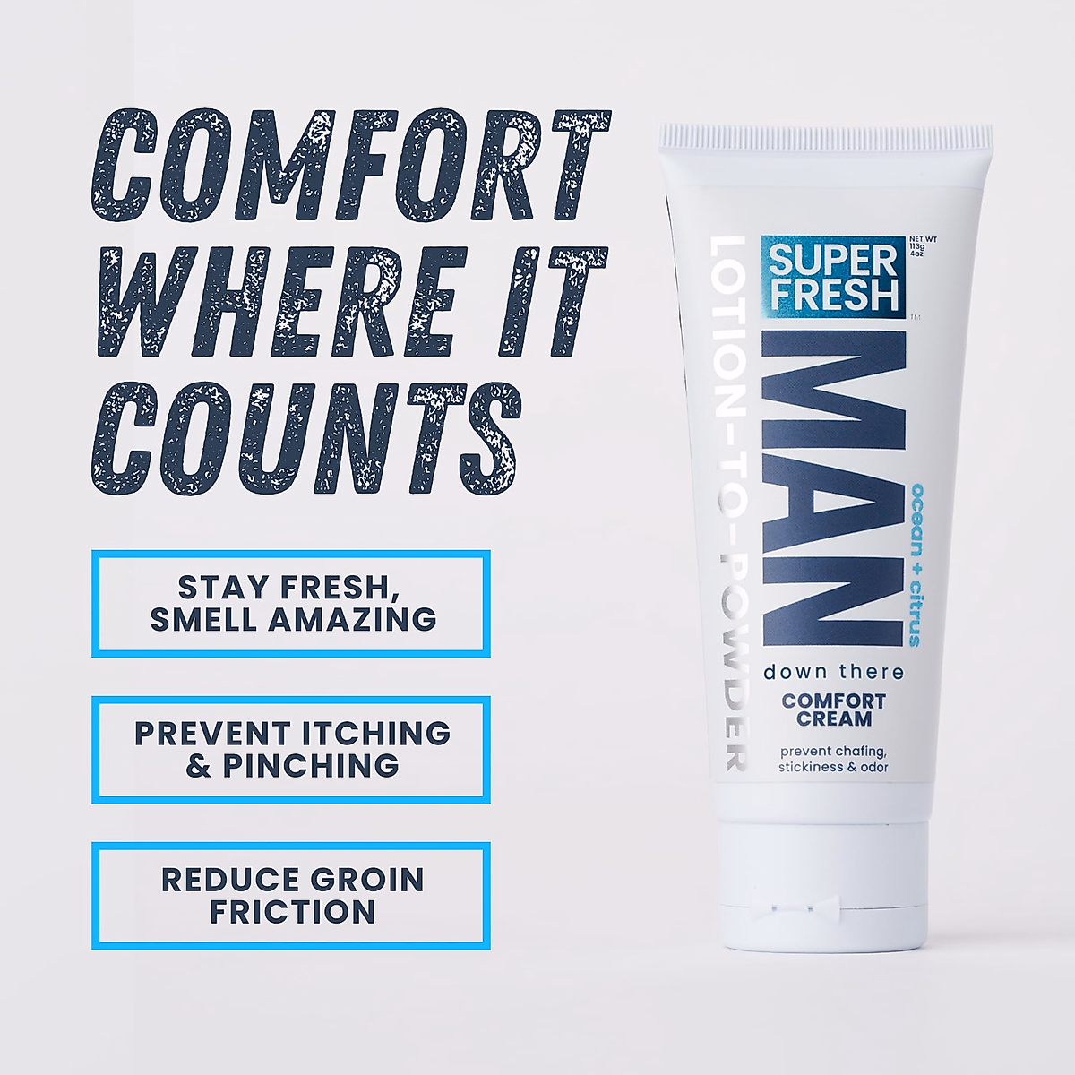 Super Fresh Man Parts Ball Deodorant For Men - 2-in-1 Deodorant & Powder Lotion that Deodorizes and Stops Sticky, Itchy, Smelly Man Parts - Aluminum Free, No Talc, No Parabens - Dermatologist Tested - Made in USA - 4 fl oz Tube