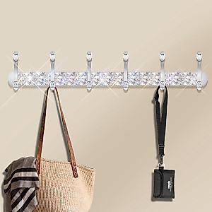GUFONKOD Bling Coat Rack Wall Mount, Sparkle Silver Gem Diamond Wall Mounted Suitable for Key Hat Towel Purse Robes, Glitter Hooks Decorative Rack for for Entryway, Bedroom, Bathroom (6 Hooks)