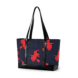 Witch Halloween Laptop Tote Bag for Women Canvas Teacher Tote Bags Work Travel Bag Handbags Purse with Fashion Zipper