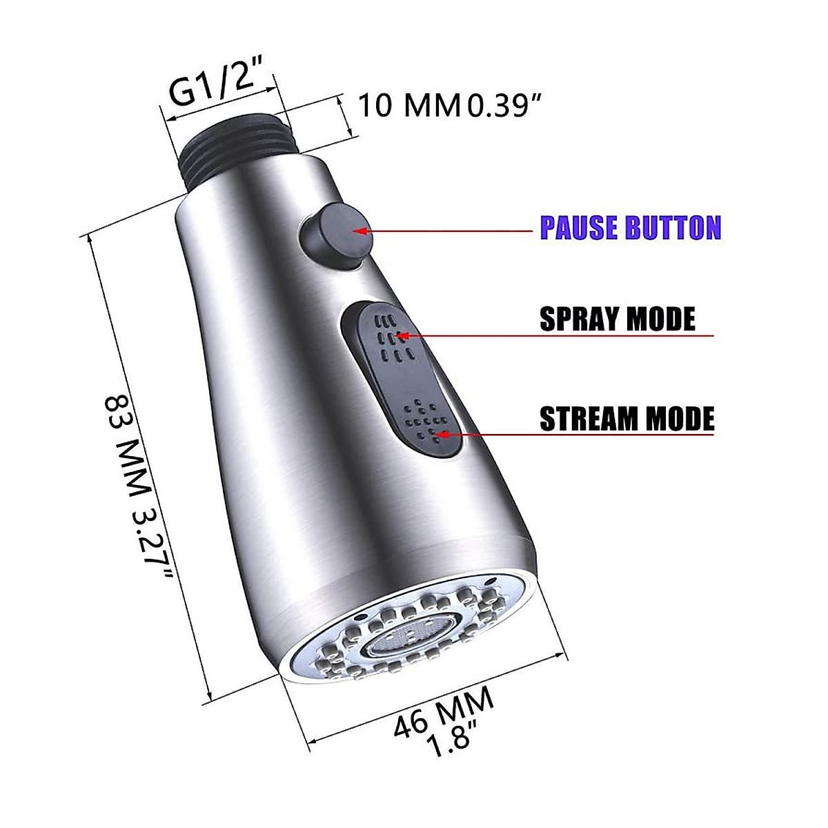 Pull Down Kitchen Faucet Sprayer Head Replacement Part - Pull Out Sink Sprayer Replacement Nozzle, Kitchen Faucet Head Hose Spray Tap Spout Only for G1/2 Connector (Brushed Nickel)