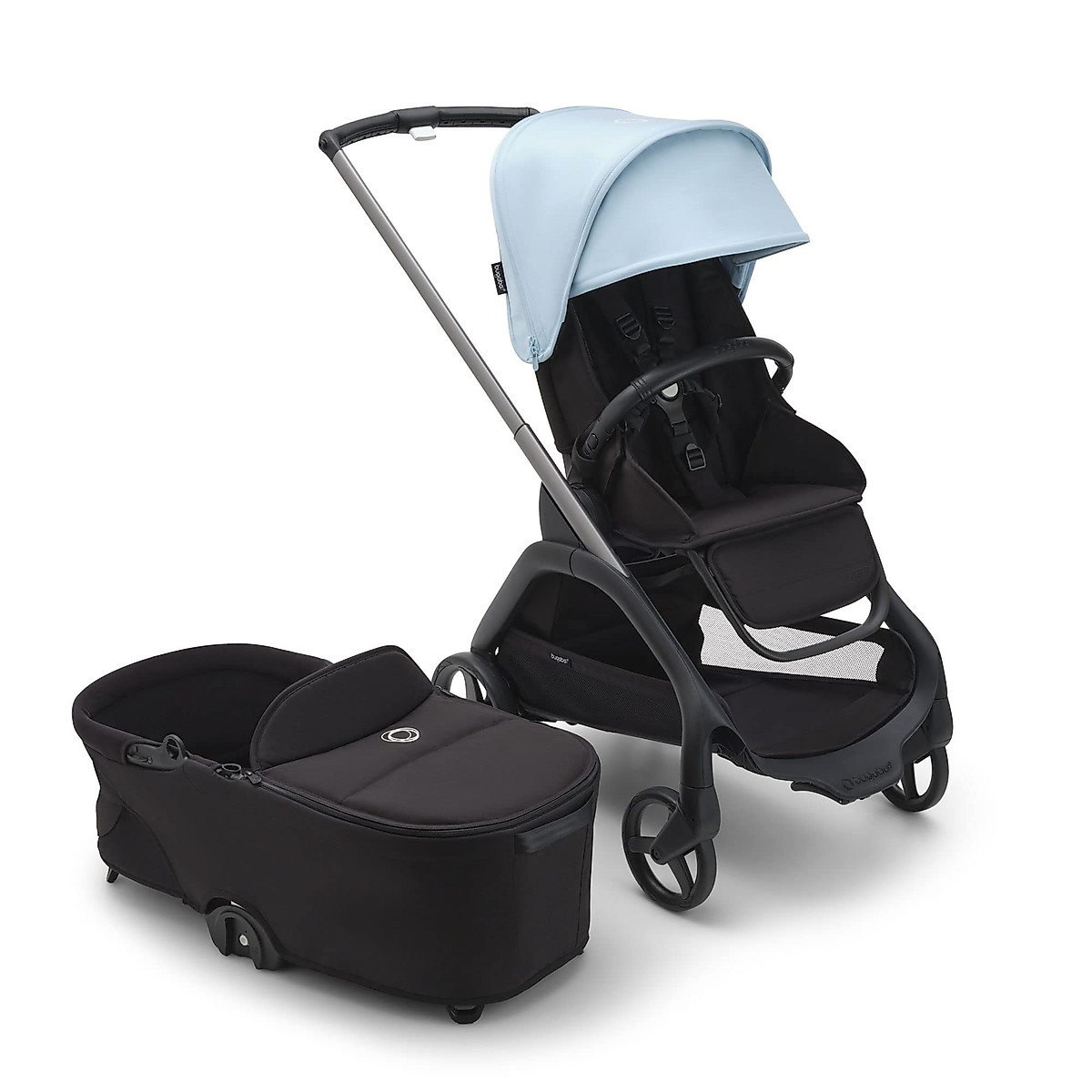 Bugaboo Dragonfly City Stroller with Full-Size Baby Bassinet and Toddler Seat, One Hand Easy Fold in Any Position, Full Suspension, Large Basket, Graphite Chassis and Skyline Blue Sun Canopy