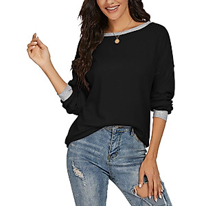 JINKESI Women Long Sleeve Tops Color Block Sweatshirts Round Neck Loose Tunic Top Black-Large
