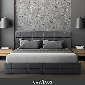 CAPHAUS Upholstered Storage Bed Frame with 4 Drawers and Adjustable Headboard, Square Stitched Button Tufted, Platform Beds Frame with Wood Slat Support, No Box Spring Needed, Full Size, Light Grey