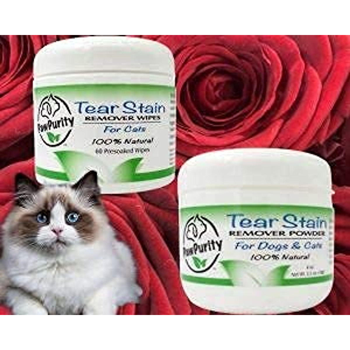 PawPurity Tear Stain Remover Wipes (60 pcs) for Cats | 100% Natural, Safe and Effective. | Removes Stains from Eyes of Cats and Kittens | Recommended by Vets/Groomers | Contains Colloidal Silver