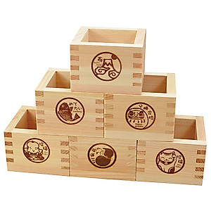 EDOYA Hinoki Wood Sake Cups (Set of 2) Japanese Box Masu with Japanese Lucky Brand (Long Life Fuji)