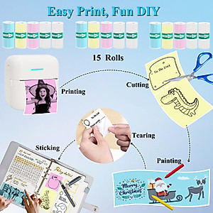 Vicbear 15 Rolls Thermal Sticker Paper for Mini Printer Sticker Maker, Including 9 Colored and 6 White Mini Printer Sticker Paper, Self-Adhesive Mini Thermal Printer Sticker Paper, 57 x 25 mm