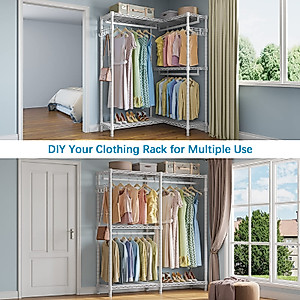 VIPEK L4S Garment Rack L Shaped Clothes Rack for Corner, Freestanding Portable Wardrobe Closet Heavy Duty Clothing Rack with 3 Hanging Rods & 2 Side Hooks, 43.3"Lx29.1"Wx76.4"H, Max Load 810LBS, White