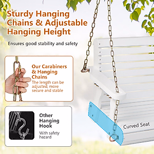 Tangkula 2 Person Hanging Porch Swing, Outdoor Bench Swing with Adjustable Chains, High Back, Cozy Armrests, Wooden Tree Swing Chair for Patio Backyard Deck Garden (White)