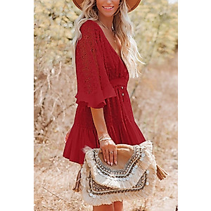 Fixmatti Womens Summer V-Neck Batwing Sleeve Backless Lace Mini Swing Skater Dress Red M