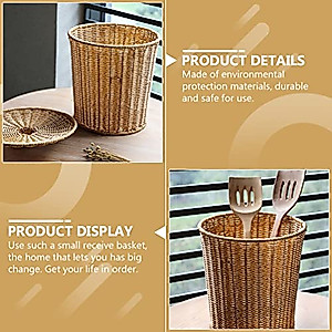 DOITOOL 1Pcs Round Rattan Waste Basket Bin, Handwoven Rattan Storage Baskets with Lid, Rattan Hamper Books Newspaper Decorative Can for Bedroom Desktop Coffee
