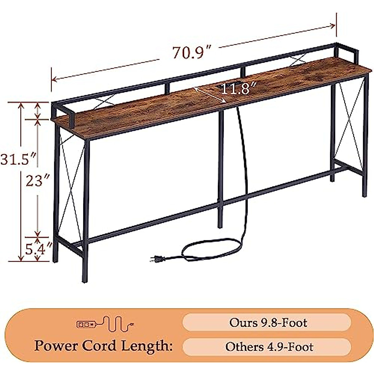 VECELO Couch Side & Console Table with 2 Outlets and USB Ports, 70.9 Inches, Brown