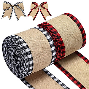2 Rolls Glitter Buffalo Plaid Wired Edge Ribbons for Valentine's Day Gifts, Burlap Fabric Craft Natural Wrapping Ribbon Rolls with Checkered Edge for Christmas Party Box Wrapping Decor(1.5 x 216 Inch)