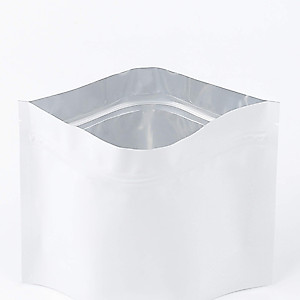 QQ Studio Pack of 100 Double-Sided Glossy Wide Mouth Smell Proof Stand Up Resealable Pouch Bags (Glossy White, 8.25x6.5" (7oz))