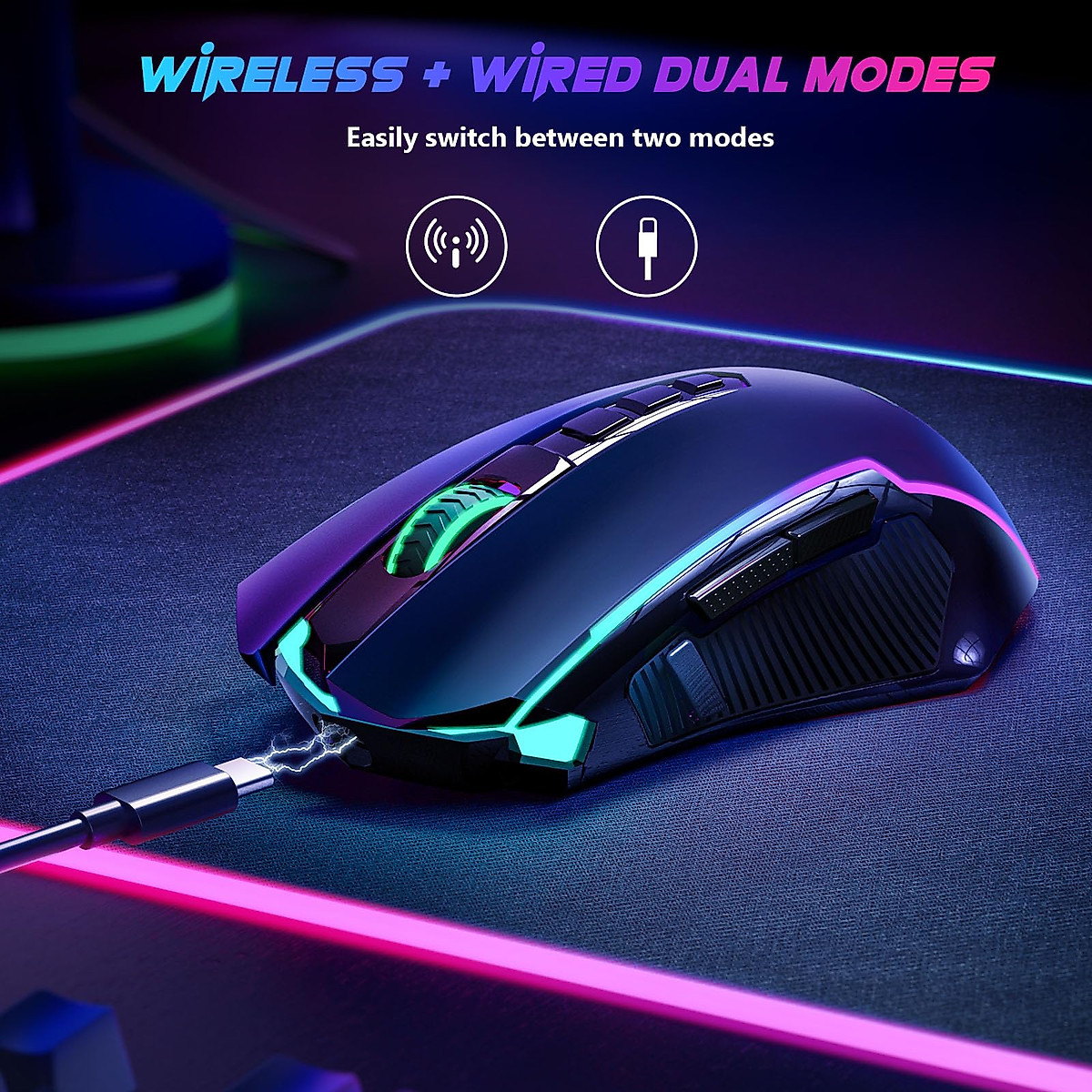 Redragon Gaming Mouse, Wireless Mouse Gaming with 8000 DPI, PC Gaming Mice with Fire Button, RGB Backlit Programmable Ergonomic Mouse Gamer, Rechargeable, 70Hrs for Windows, Mac Gamer, Black