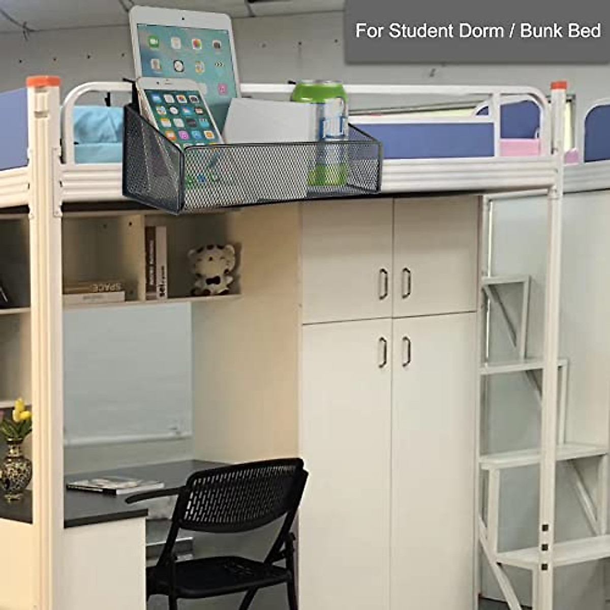 Bedside Shelf for Bed & Bunk Bed Storage Basket Office Cubical Wall Hanging Organizer - 5 Different Size Hooks - College Dorm Home Office Essentials for Phone,Book,Drink,Tissue (Black)