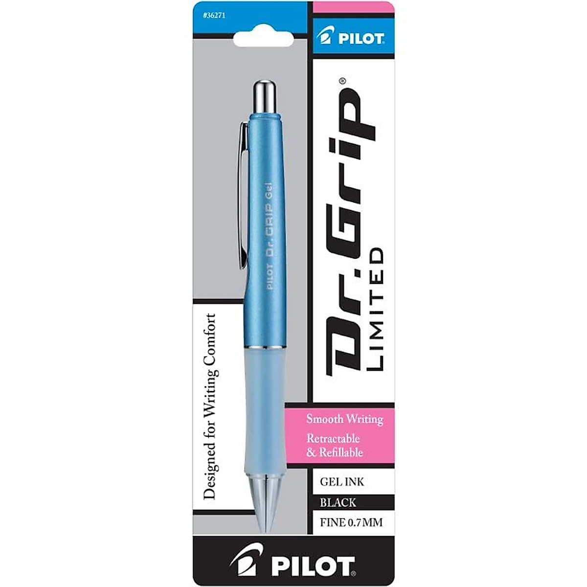 PILOT Dr. Grip Limited Refillable & Retractable Gel Ink Rolling Ball Pen, Fine Point, Metallic Ice Blue Barrel, Black Ink, Single Pen (36271)