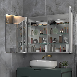 ExBrite Lighted Medicine Cabinet 40x30 Inch,Recessed or Surface led Medicine Cabinet, Clock&Room Temp Display,Defog,Stepless Dimming,Medicine Cabinet with Lights 3-Color Temper Chang, Outlets & USBs