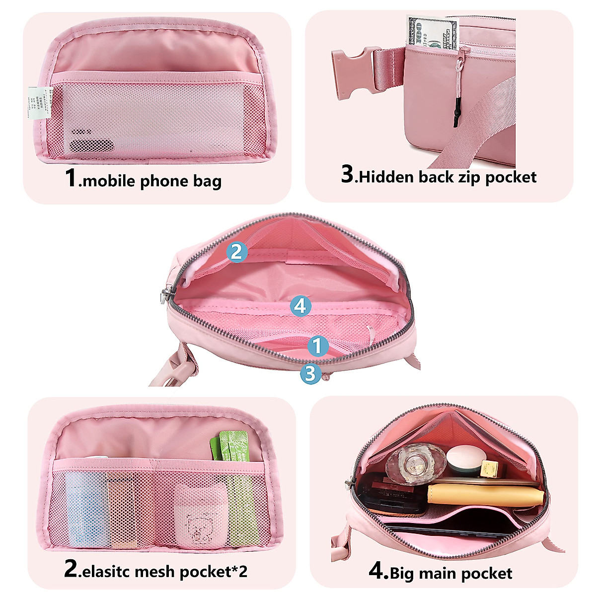 Fanny Belt Bag Waist Pack Crossbody Bags Bum Bag for Running Hiking Travel Workout Adjustable Strap for Women -pink