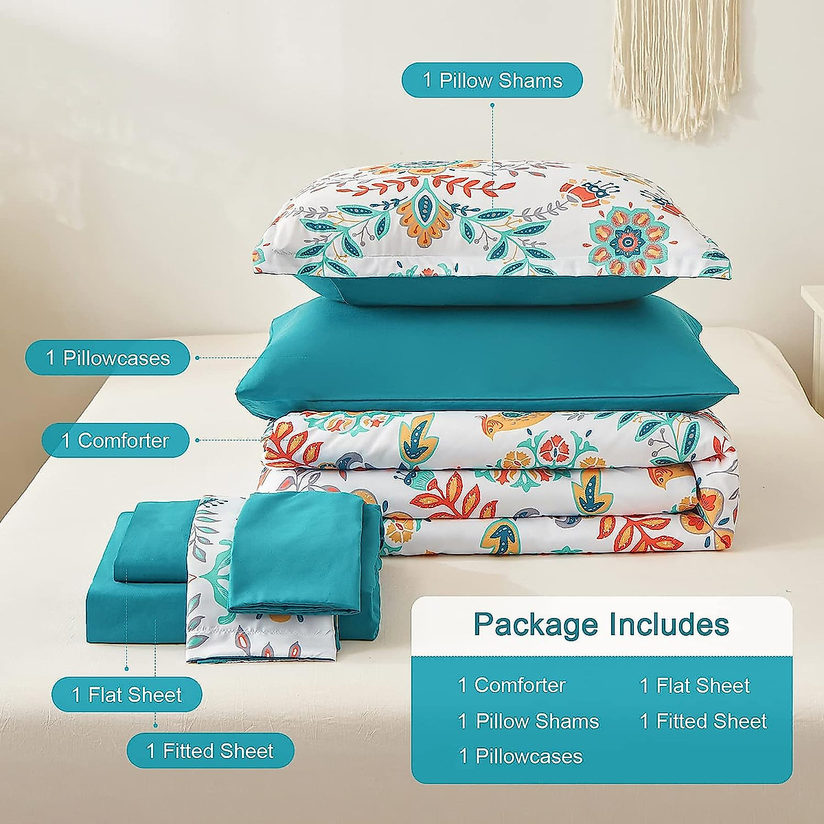 DHSFKBE Boho Comforter Set Twin - 5 Pieces Bed in a Bag Floral Medallions Design, Bohemian Comforter Set with Sheets, Soft Microfiber Complete Bedding Sets All Season (Teal Blue, Twin)