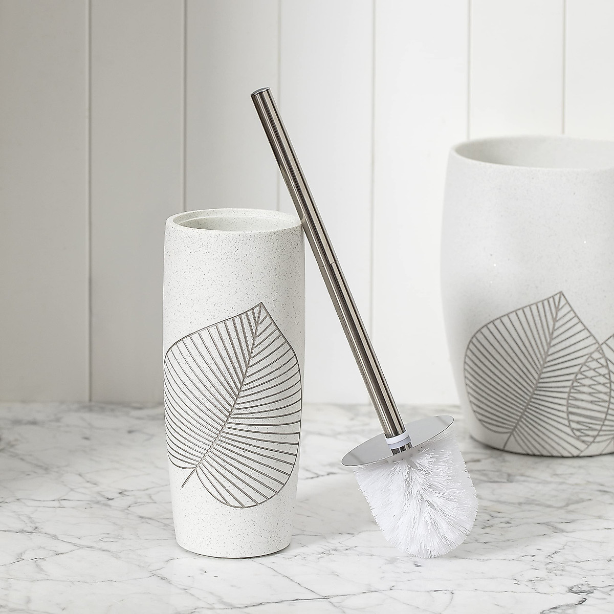 Set of 2 Elegant Leaf Design Hight Quality Polyresin Wastebasket Garbage Receptacle Bin and Brush/Holder for Bathrooms, Powder Rooms, Kitchens, Home Offices White