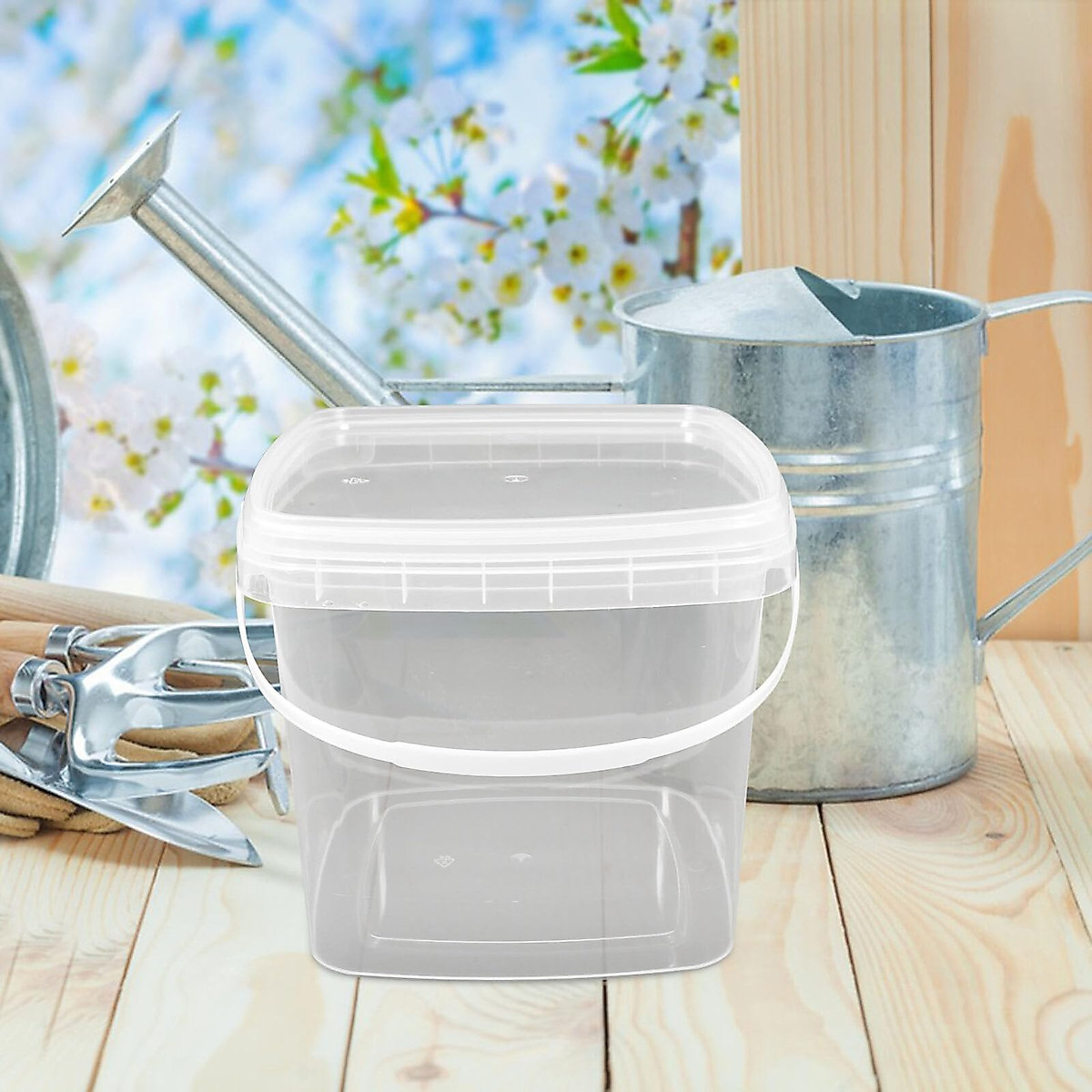Homoyoyo Clear Plastic Bucket with Handle Lid,Heavy Duty Square Plastic Bucket Ice Cream Buckets Food Storage Containers Water Pail Industrial Pail Party Tub Empty Paint Can