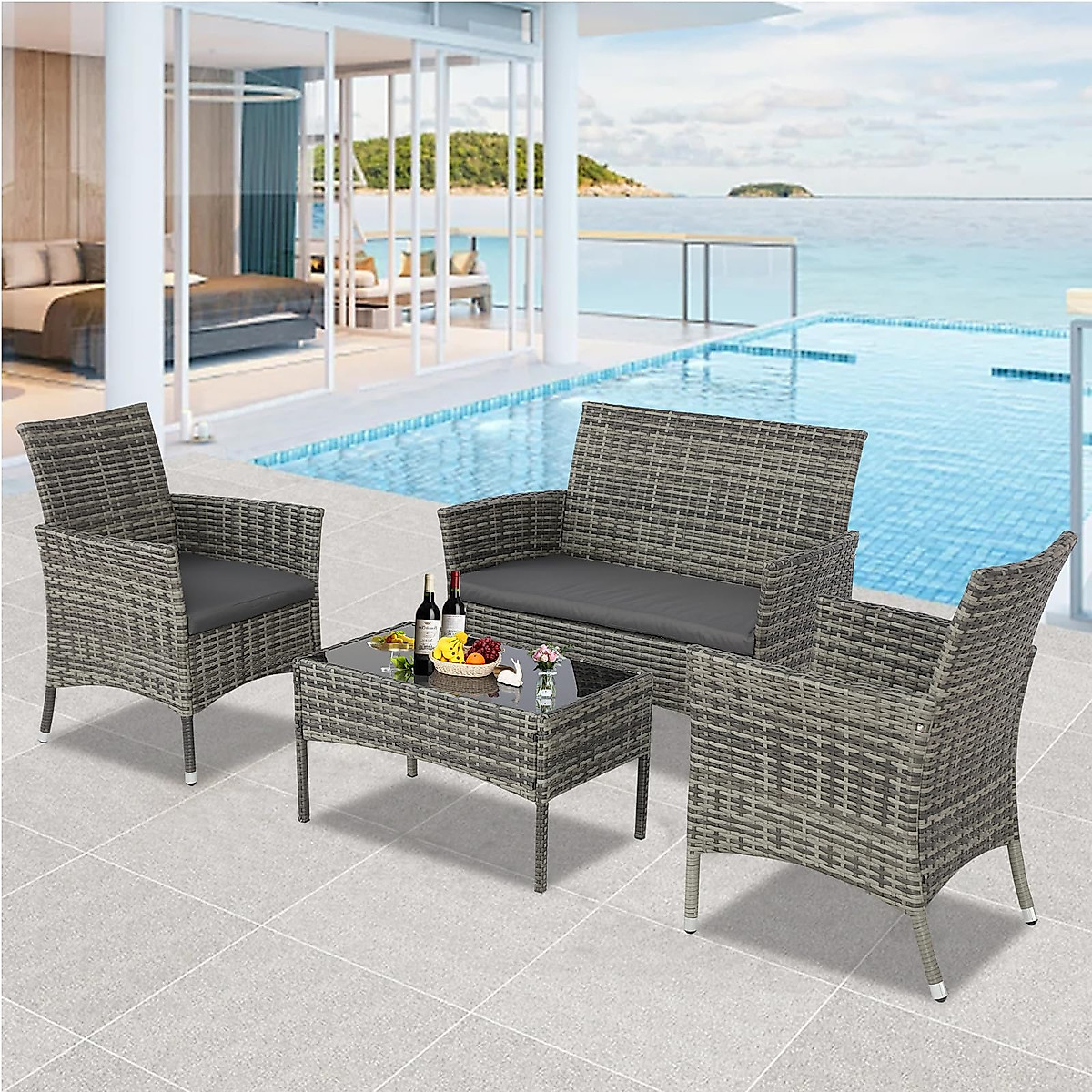 HTTH 4-Piece Outdoor Patio Furniture Sets Wicker Sofa with Cushions and Coffee Table Garden Lawn Pool Backyard Outdoor Sofa Sets (Grey-Grey)