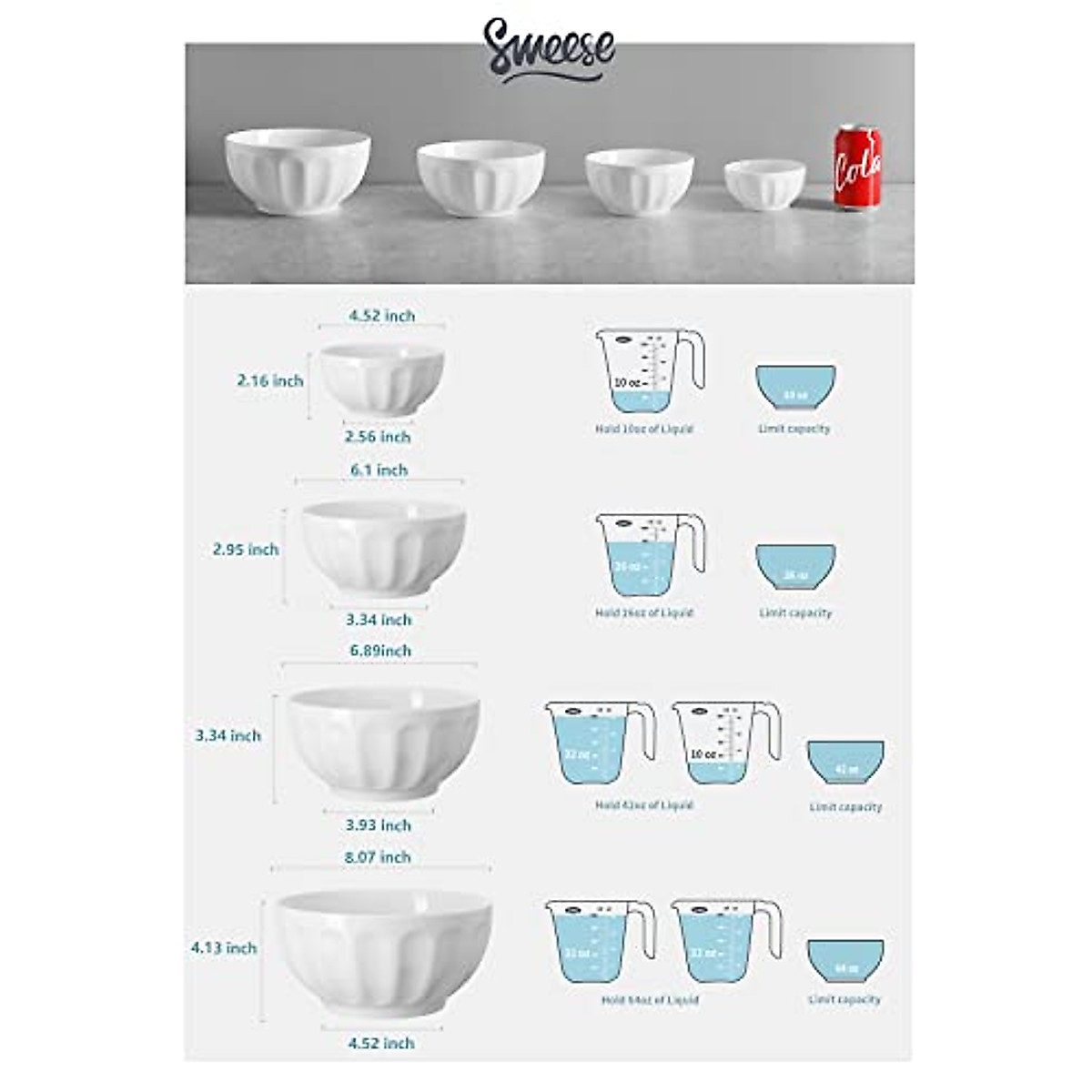Sweese 129.401 Porcelain Serving Bowls for Entertaining 64-42-26-10 Ounce Various Size Nesting Fluted Bowl Set for Salad Soup - Set of 4, White