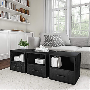 Lavish Home End Table - Stackable, Contemporary, and Minimalist Modular Cube Accent Table with Drawer - for Bedroom, Living Room, or Office (Black)