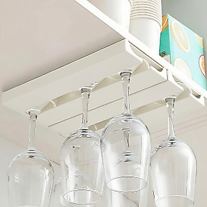 Riipoo Wine Glass Holder Under Shelf, Wine Glass Rack Under Cabinet, No Drill & Screws Stemware Rack for Bar Kitchen, 2-Pack, White