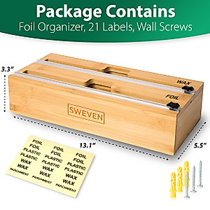 Plastic Wrap Organizer for drawer | Saran Wrap, Aluminum Foil, Wax Paper and Plastic Wrap Dispenser with Cutter | Perfect Kitchen Organizer | Labels Included | Compatible with 12" Roll (2 Slot)