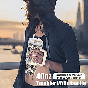WEXINBF 40oz Tumbler With Handle And Straw Lid, Double Wall Vacuum Insulated Tumbler for Hot or Cold Drink, Stainless Steel Water Bottle Travel Mug, Large Iced Coffee Cup (Hot Pink Sunflower)