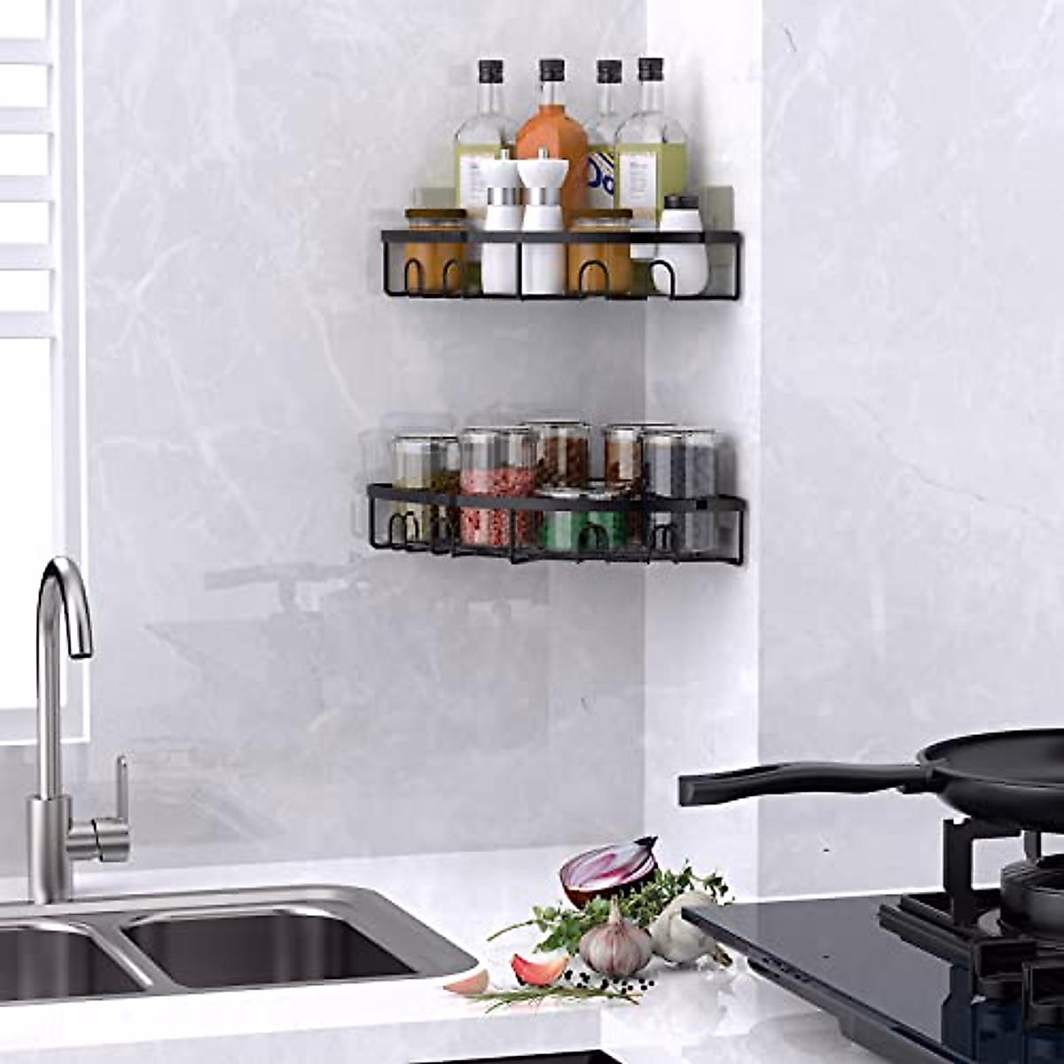 Kerisgo Corner Shower Caddy, 2 Pack Adhesive Bathroom Shower Corner Organizer Shelf, No Drilling Rustproof Wall Mounted Shower Storage Rack Shampoo Holder Organizer (Black)