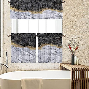 Marbre 3 Pieces Kitchen Valance Window Curtain Set Rod Pocket Marble Gold White Black Geometric Rose Stone Abstract Modern Vintage White Golden Tier Curtains for Living Room Bathroom