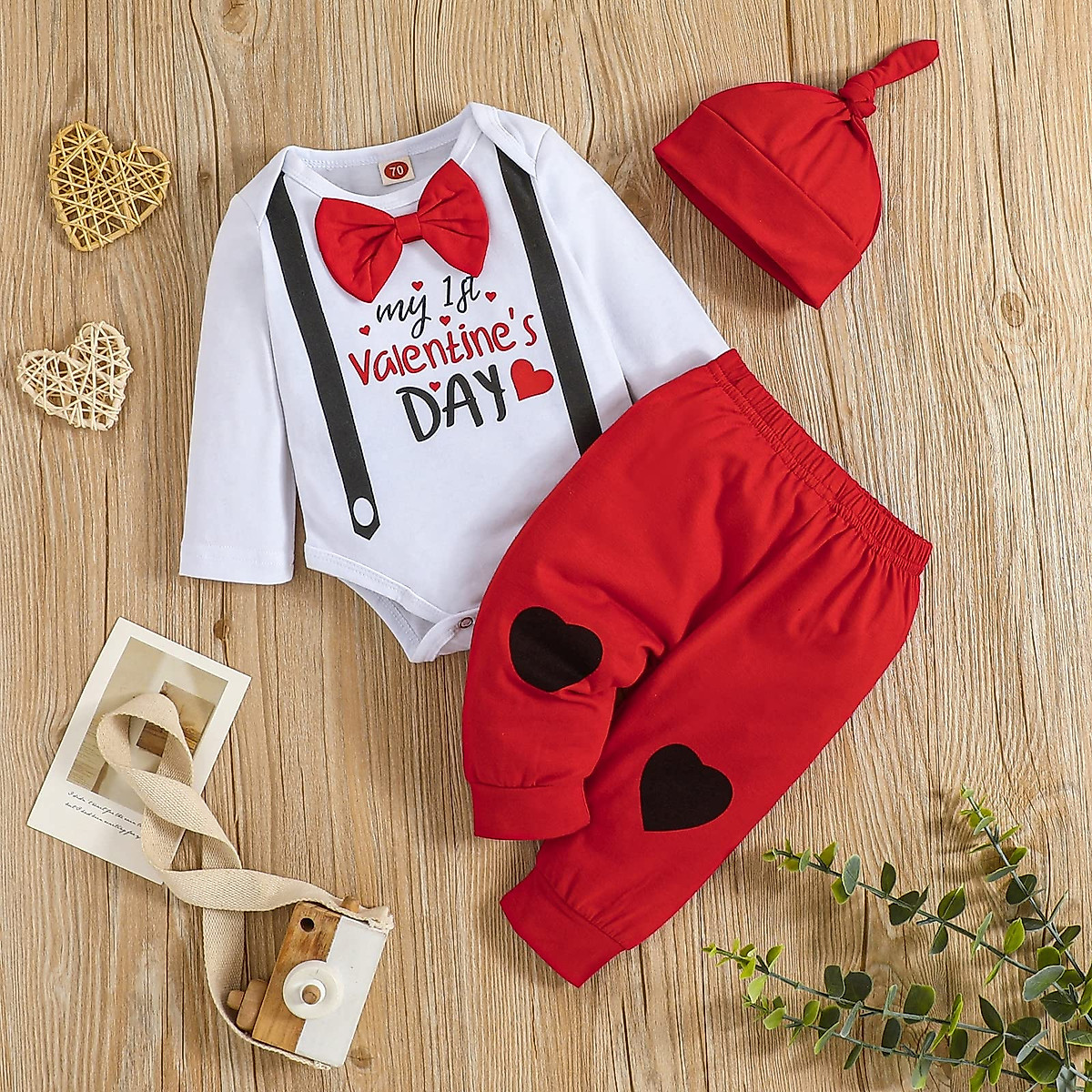 ODIMAME My 1St Valentines Baby Boy Outfits 3-6 Months Newborn Romper Clothes Pants Set Cute Hat Red 80cm
