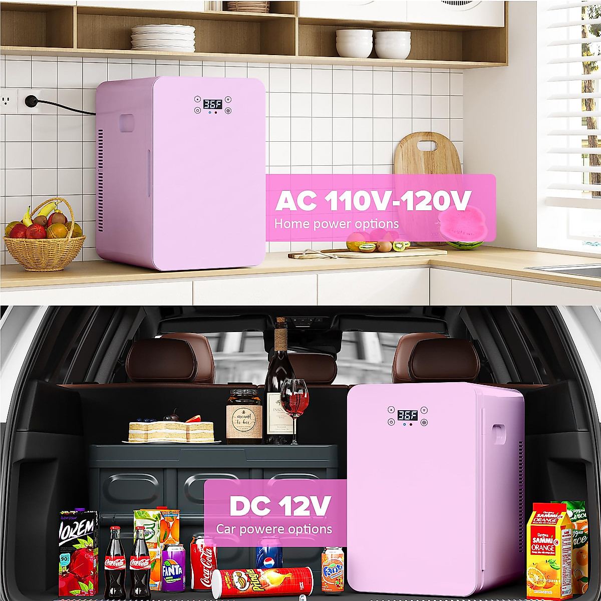 Kikihuose 22L/30Cans Mini Fridge for Bedroom, 12v DC Portable Cooler & Warmer, Mini Refrigerator with Glass Front, for Car Office Desk & Dorm Room Beverage Skincare Makeup (Fast Cooling Pink)