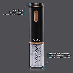 Ivation Electronic Wine Opener Gift Set – Cordless Rechargeable Wine Bottle Cork Extractor with Black & Copper Automatic Corkscrew, Hideaway Foil Cutter, Built-in Light & Lithium Battery