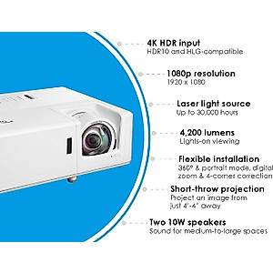 Optoma ZH406STx Short Throw Full HD Professional Laser Projector | DuraCore Laser Technology | High Bright 4,200 Lumens | 4K HDR Input | Four Corner Image Adjustment | Network Compatible