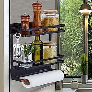 PTAEXCEL Magnetic Spice Rack for Refrigerator, Magnetic Shelf for Fridge Magnet Organizer Moveable Magnetic Paper Towel Holder with 8 Hooks for Kitchen Oven Space Saving (Black)